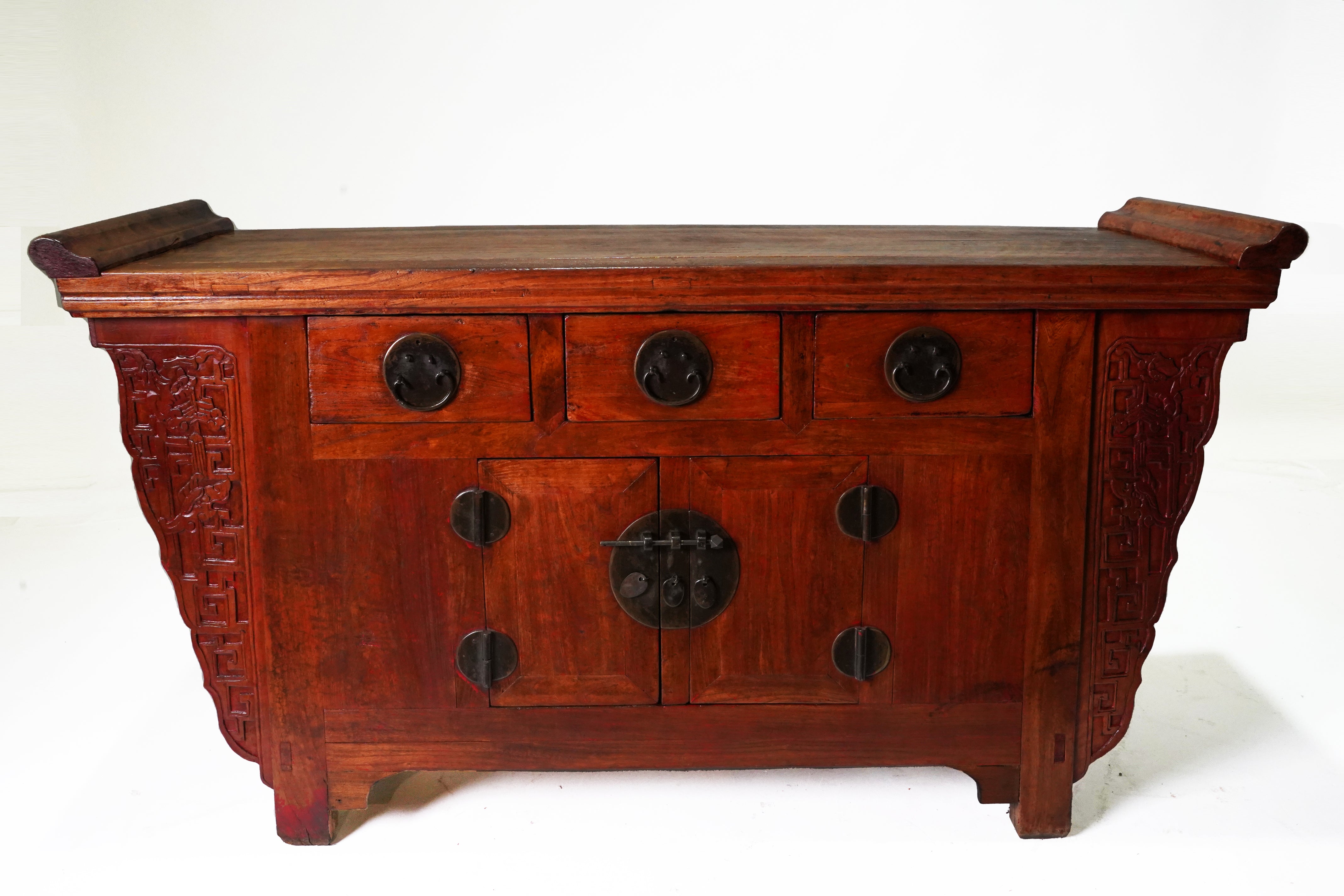 A 3-Drawer Side Chest With Carved Spandrels and Original Lacquer
